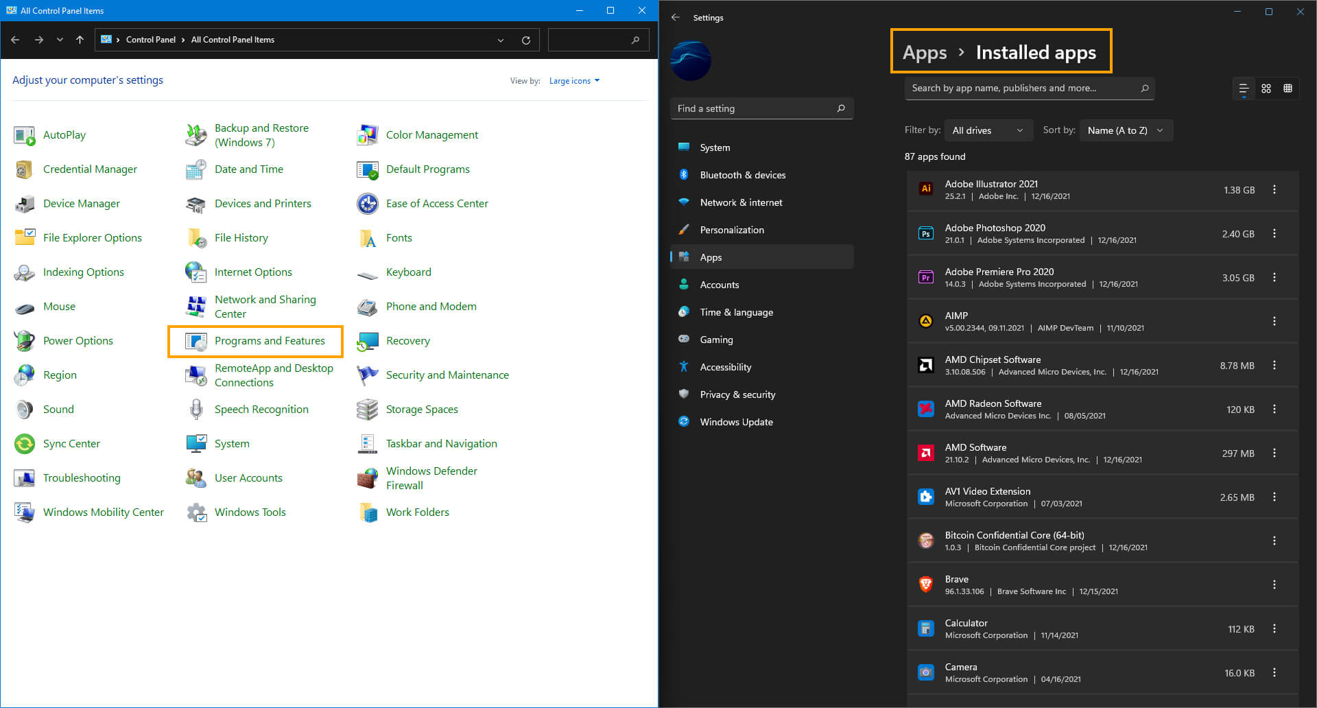 Control Panel Programs and Features option opening Settings app. Control Panel Programs and Features option opening Settings app.